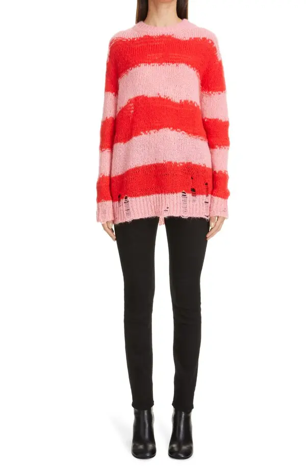 unknown 00’s red distressed stripe knit Acne Studios Kalia Block Stripe Distressed Sweater In Pink/ Red